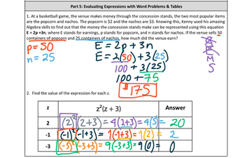 1.1 Part 5 - Evaluating Expressions In Word Problems And Tables ...