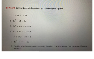 Solving Quadratic Equations By completing The Square (Study Guide 3.3 ...